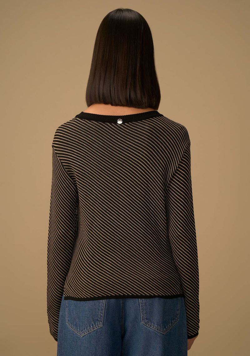 Blusa Maria.Valentina Ajustada Decote Careca Manga Longa Padrão Preto ...